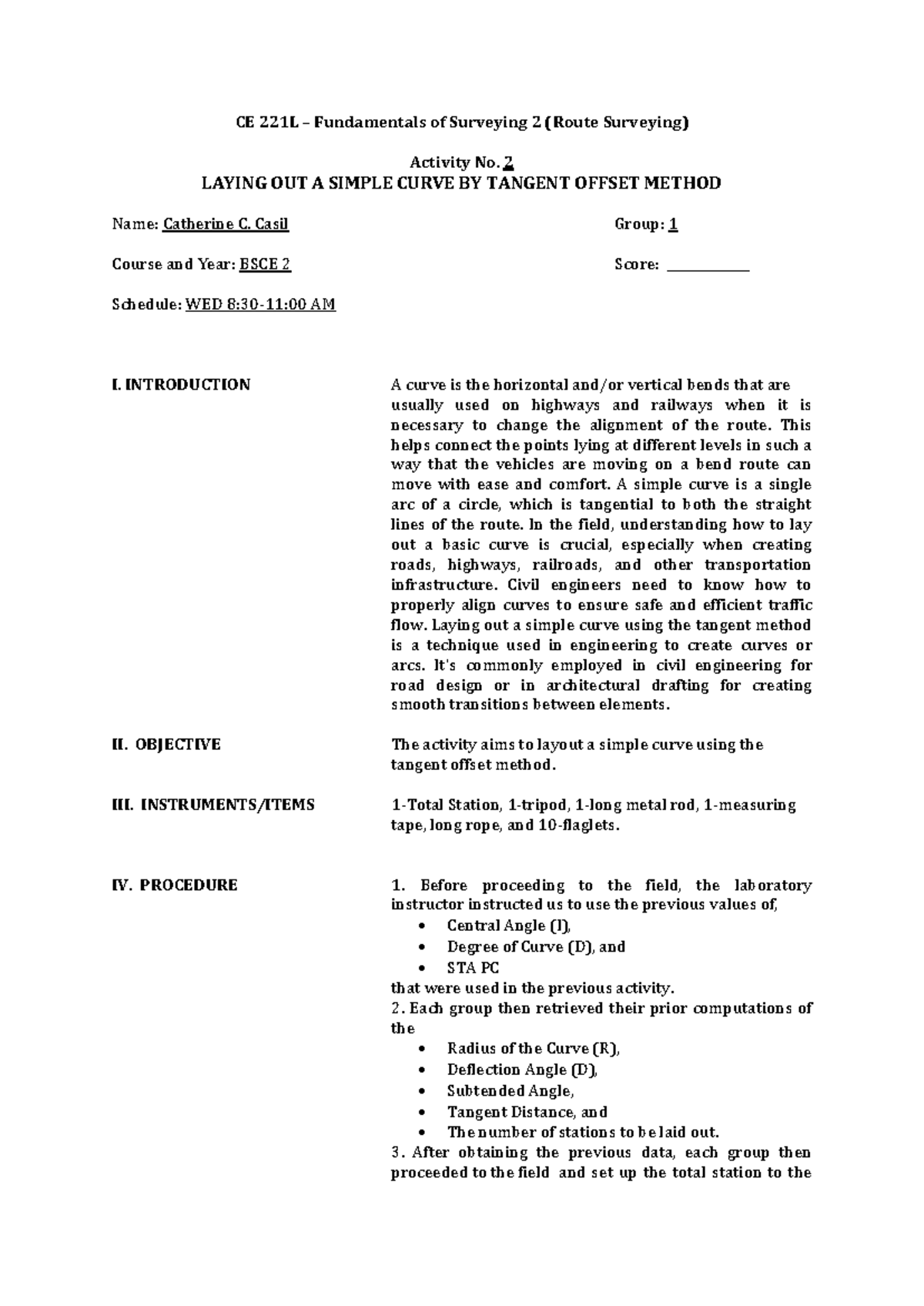 Laying Out A Simple Curve by Tangent Offset Method - CE 22 1 L ...