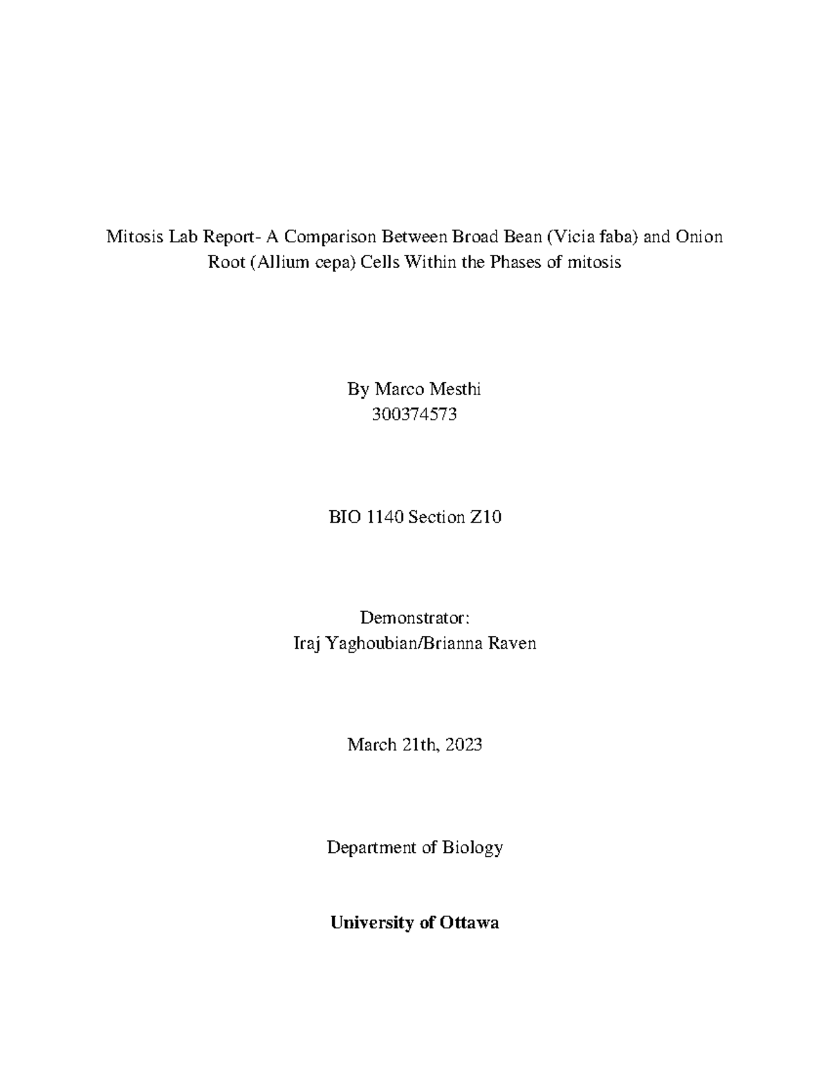 LAB 4 Mitosis- BIO1140 - Mitosis Lab Report- A Comparison Between Broad ...