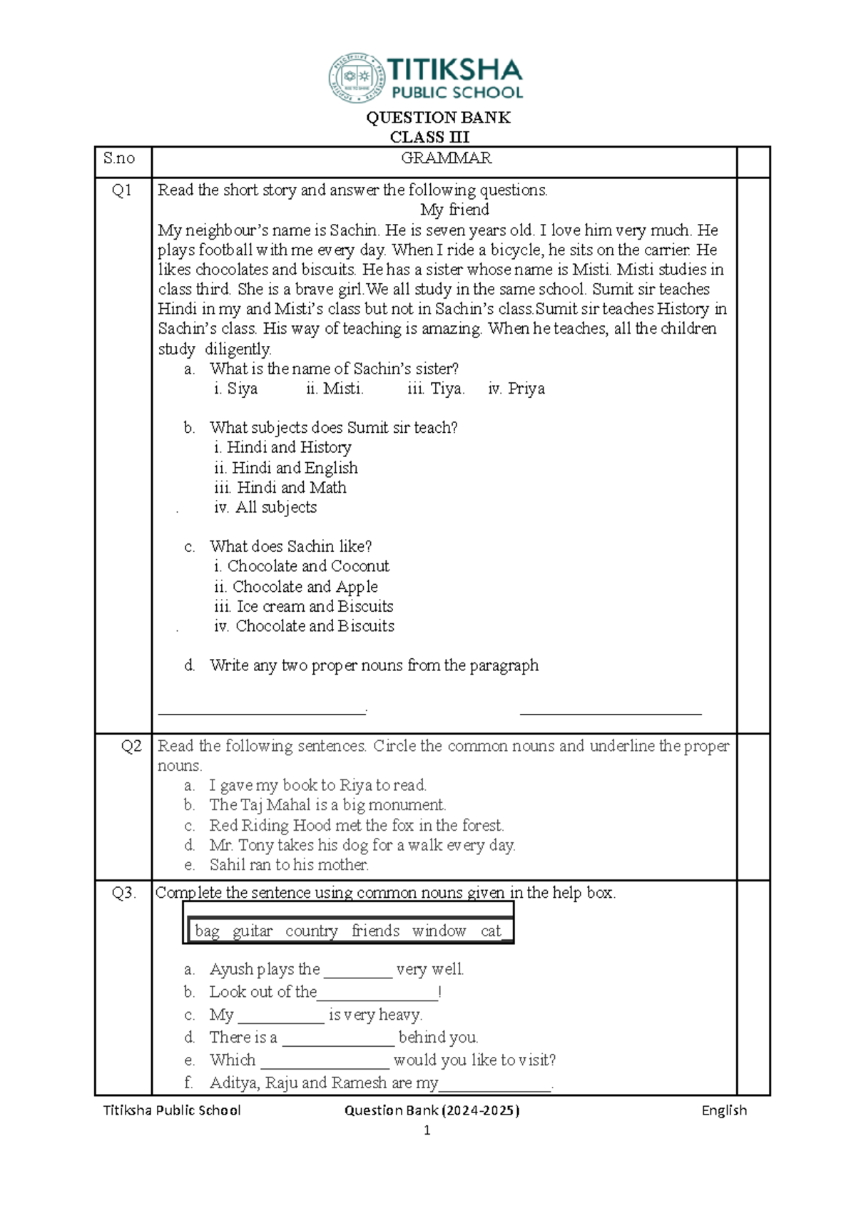 Question Bank for English literature and grammar - QUESTION BANK CLASS ...