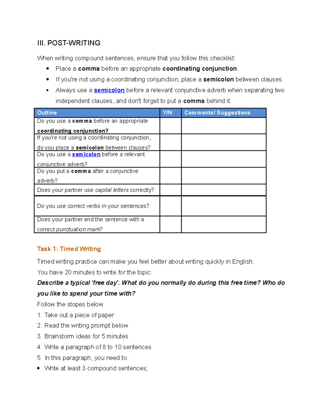 AVĐB1- Unit 2 - Post writing - III. POST-WRITING When writing compound ...