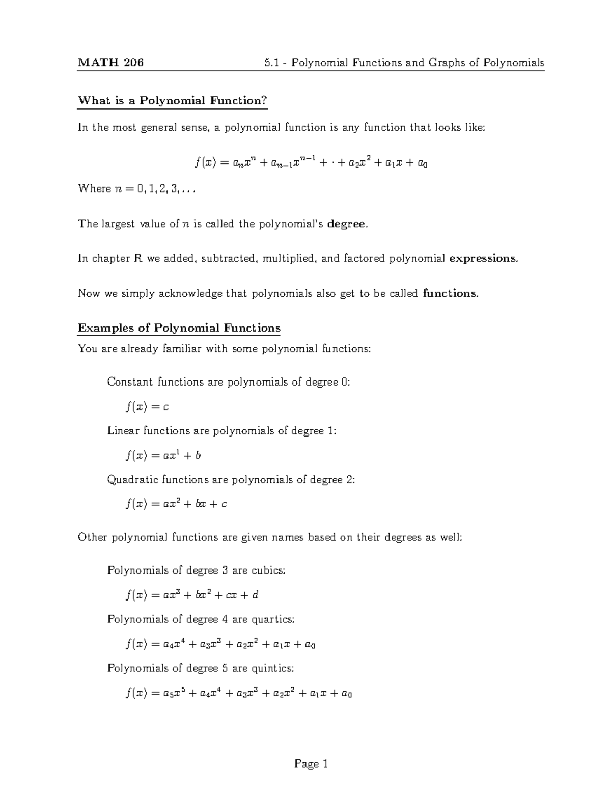MATH 206 Polynomial Function notes - What is a Polynomial Function? In ...