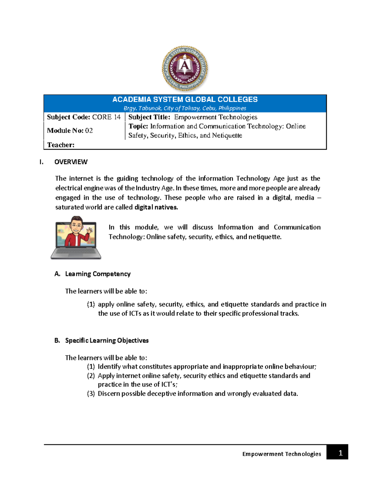 CORE 14 Module-02 - gege - I. OVERVIEW A. Learning Competency The ...