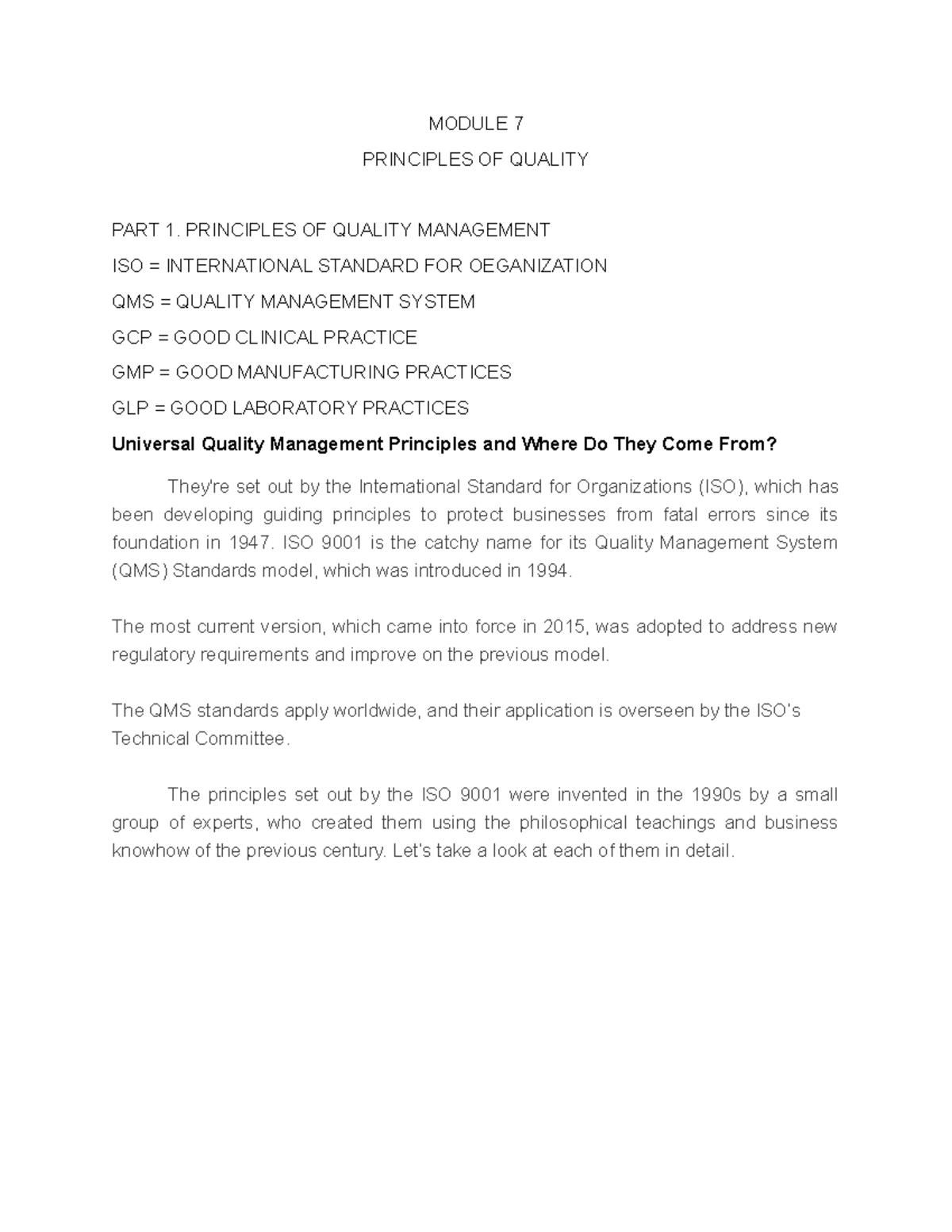 Module 7 - Principles OF Quality - MODULE 7 PRINCIPLES OF QUALITY PART ...