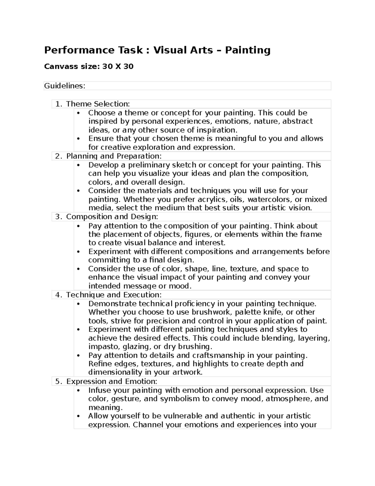 Performance Task Guideline Painting - Performance Task : Visual Arts ...