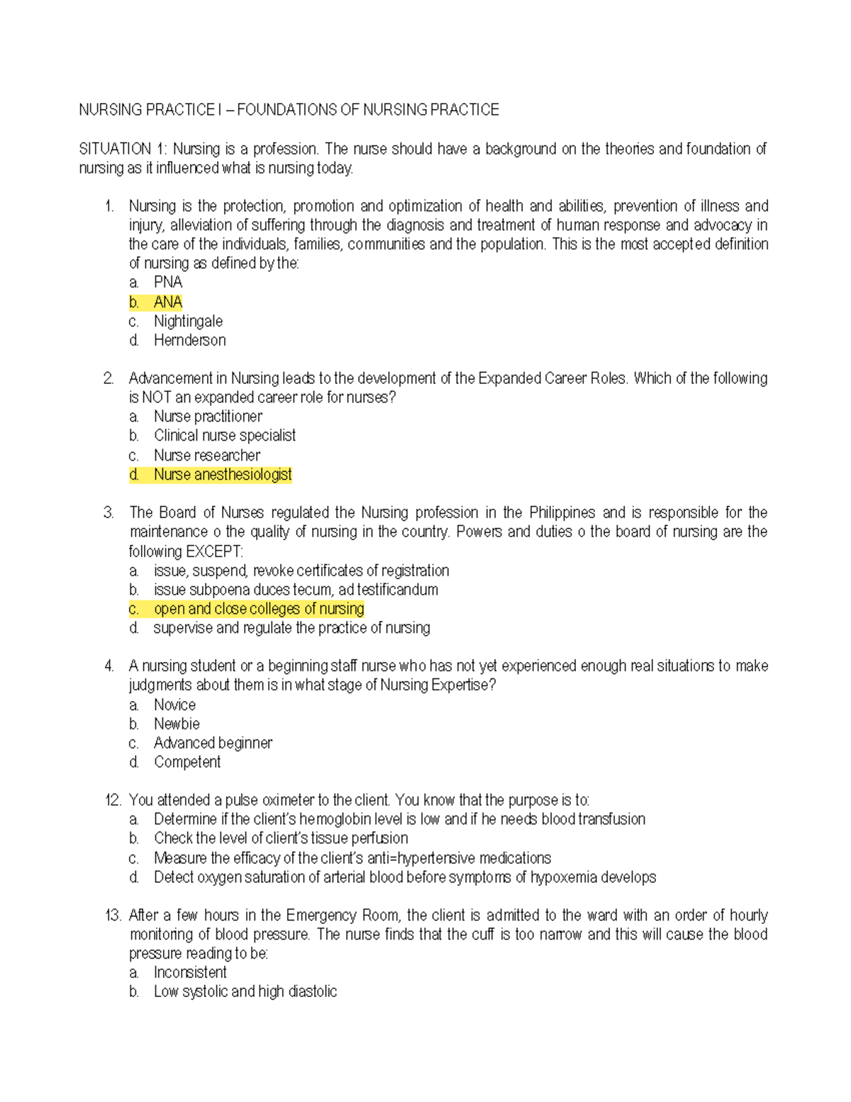 Nursingpracticei - NURSING PRACTICE I – FOUNDATIONS OF NURSING PRACTICE ...