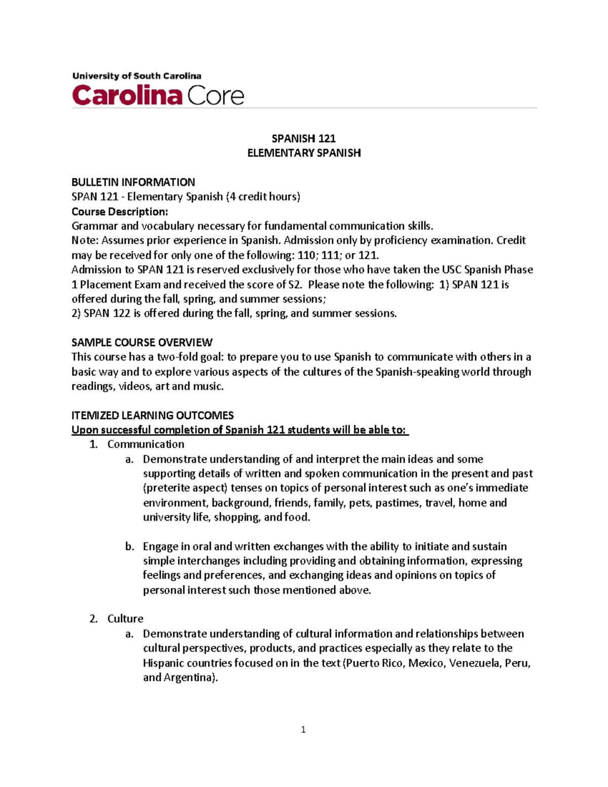 Span121 - syllabus - SPANISH 121 ELEMENTARY SPANISH BULLETIN ...