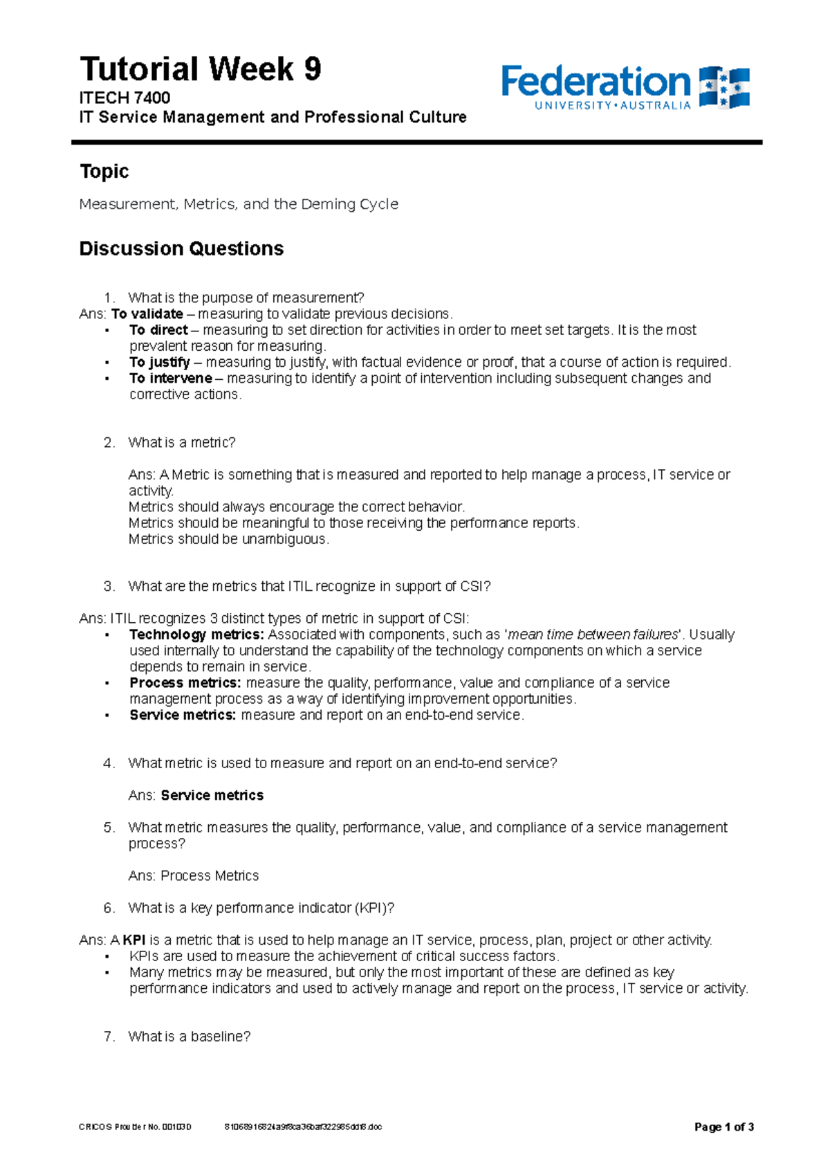 Tutorial Tasks Week 9 Of 7400 Tutorial Week 9 Itech 7400 It Service Management And