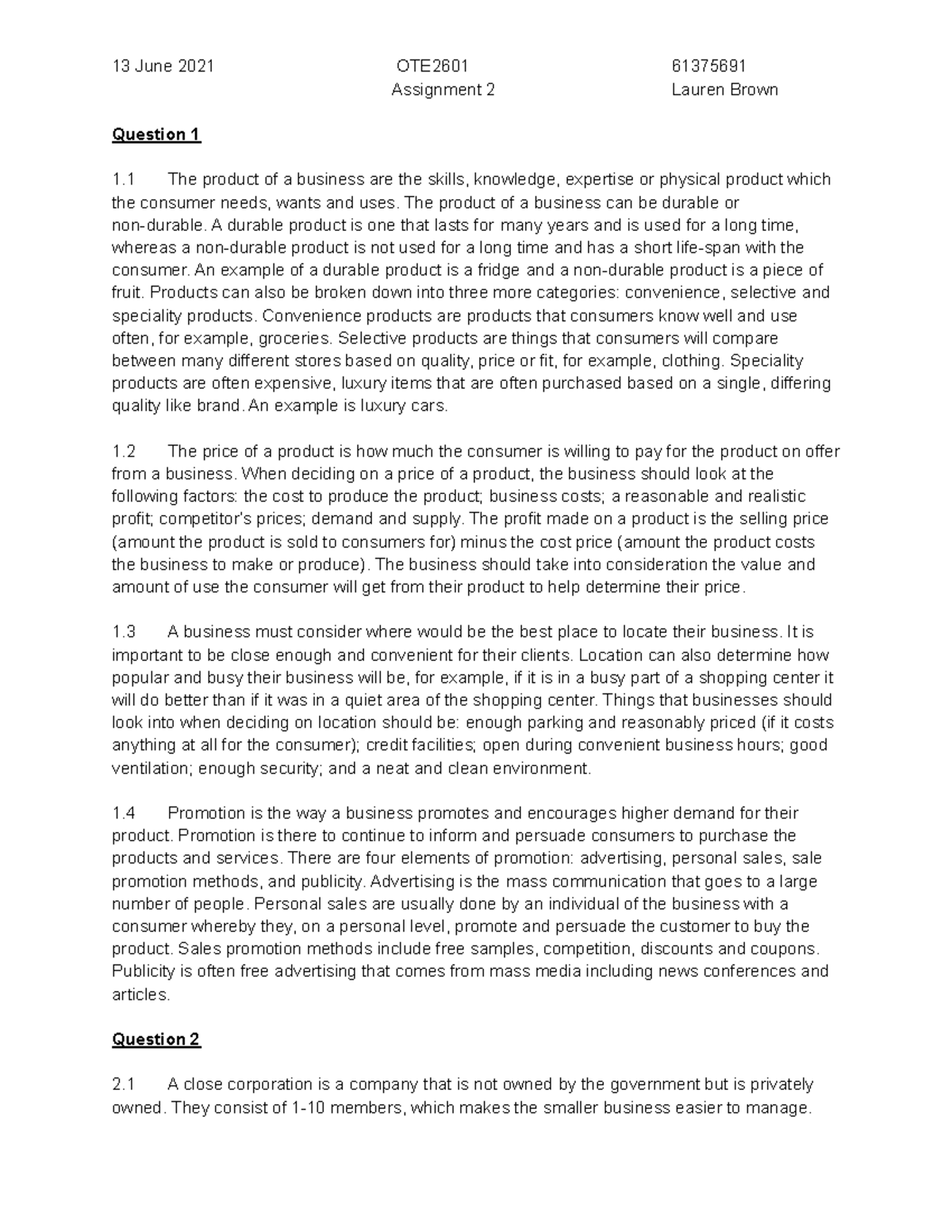Ass. 2 - Assignment 2, Semester 1 - Assignment 2 Lauren Brown Question ...