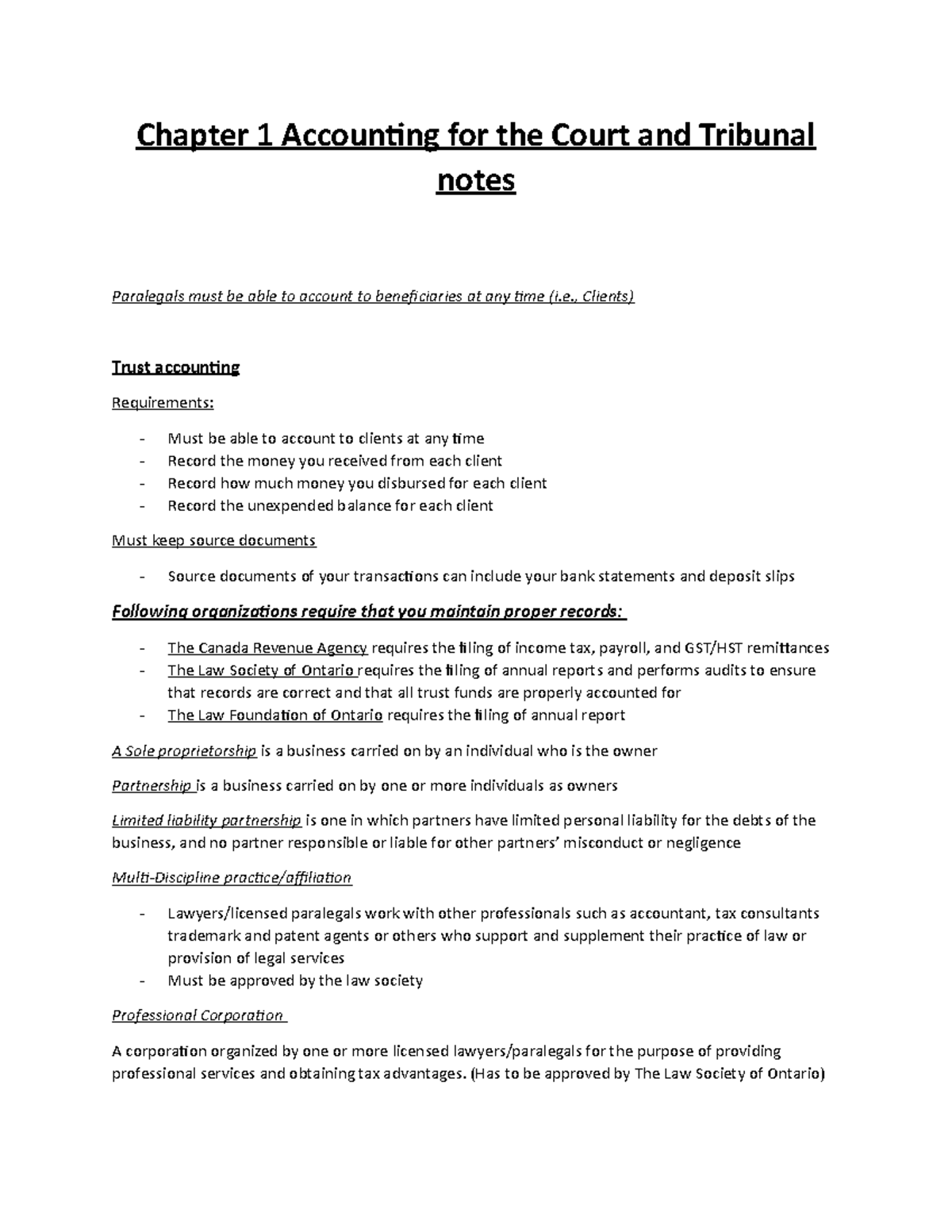 Chapter 1 Accounting for the Court and Tribunal notes - Chapter 1 ...
