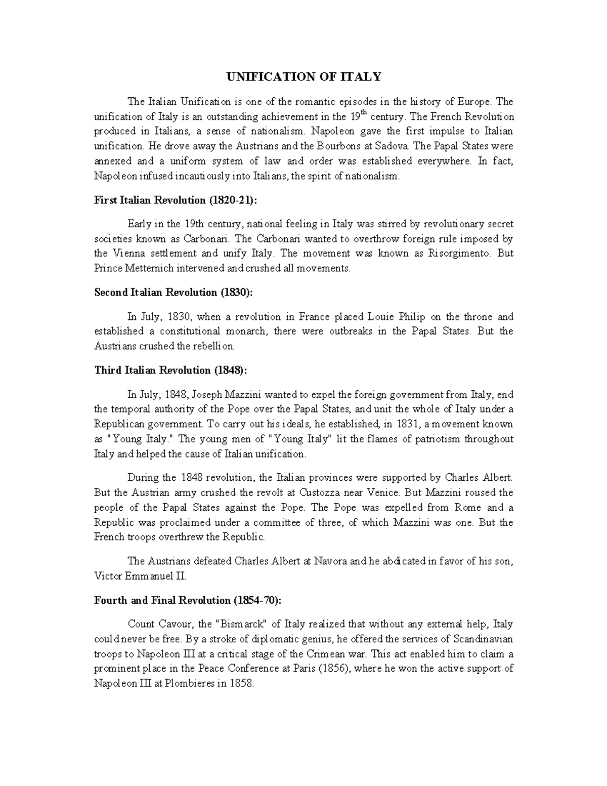 Political Science Unification OF Italy - UNIFICATION OF ITALY The ...