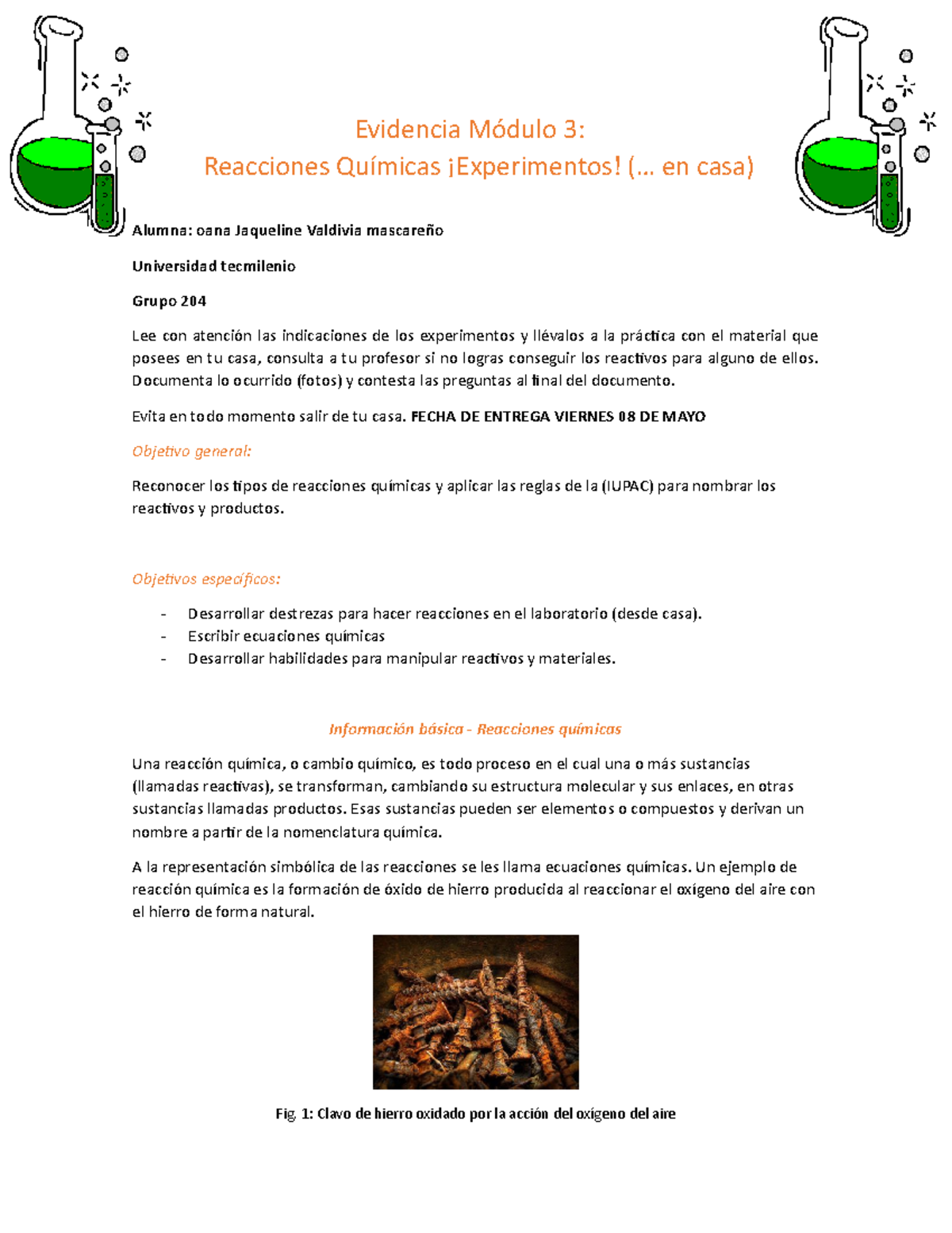 Evidencia quimica - Evidencia Módulo 3: Reacciones Químicas ...