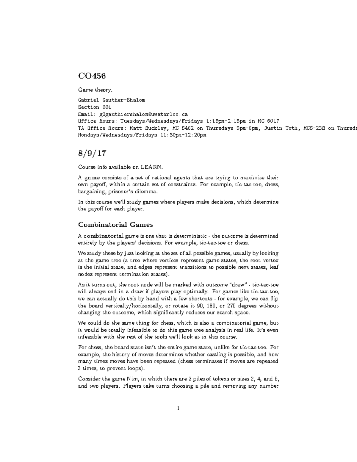 CS456 Lecture Notes - CO Game theory. Gabriel Gauther-Shalom Section ...