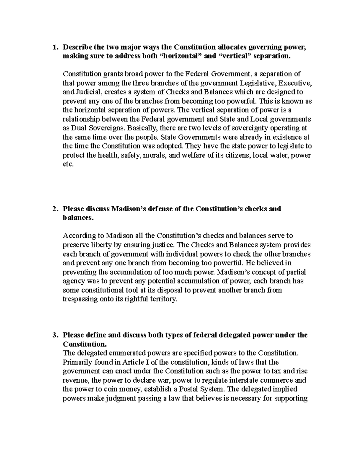 Describe the two major ways the Constitution allocates governing power ...