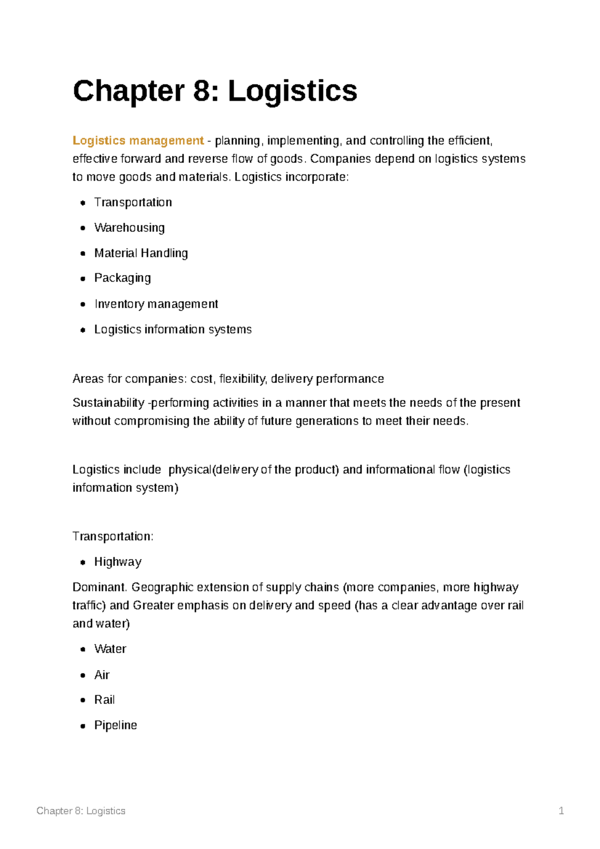 Chapter 8 Logistics - Chapter 8: Logistics Logistics management ...