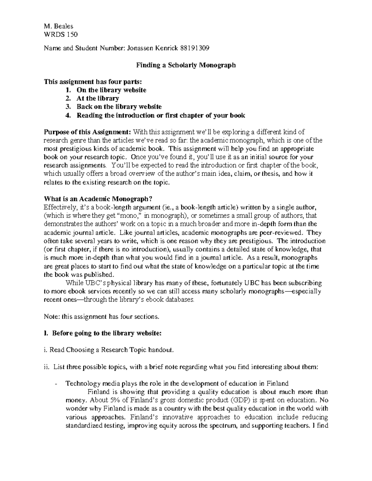 Finding a Scholarly Monograph Fall 2022 150B - WRDS 150 Name and ...