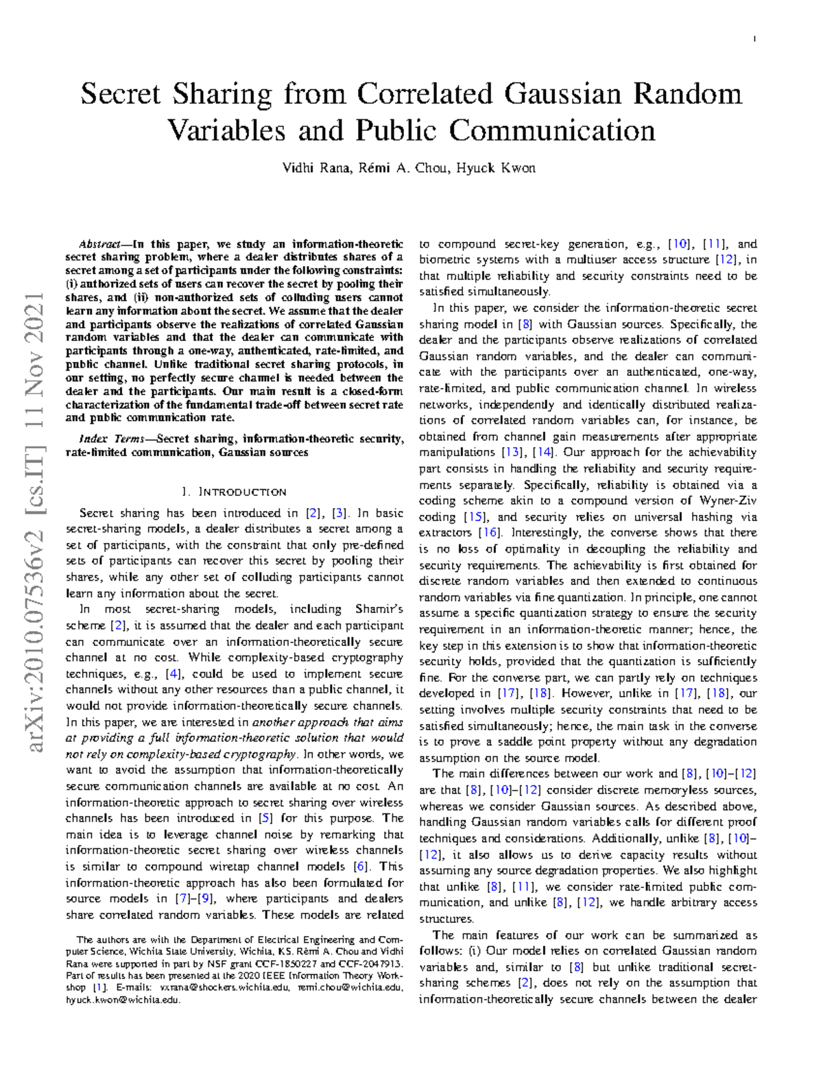 Secret Sharing from Correlated Gaussian Random Variables and Public Communication - Chou, Hyuck ...