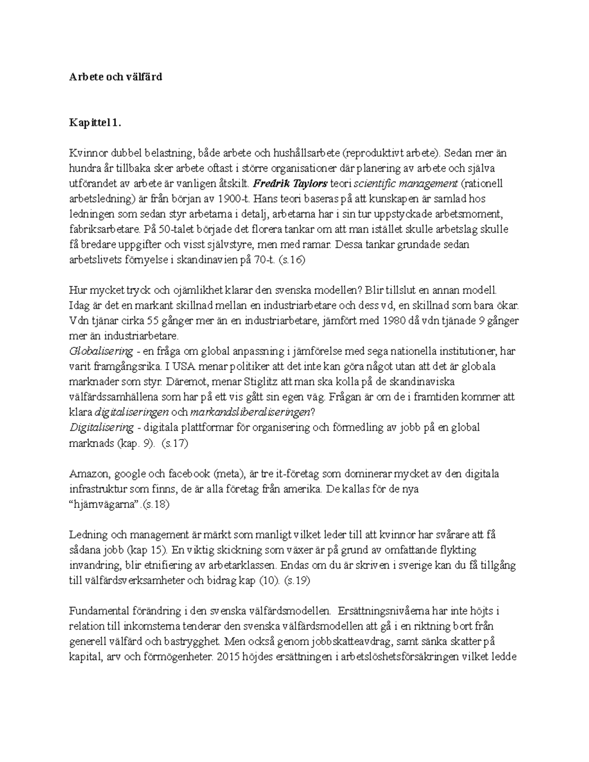 Arbete och välfärd - Sammanfattning av kap 1 och 2 - Arbete och välfärd Kapittel 1. Kvinnor ...