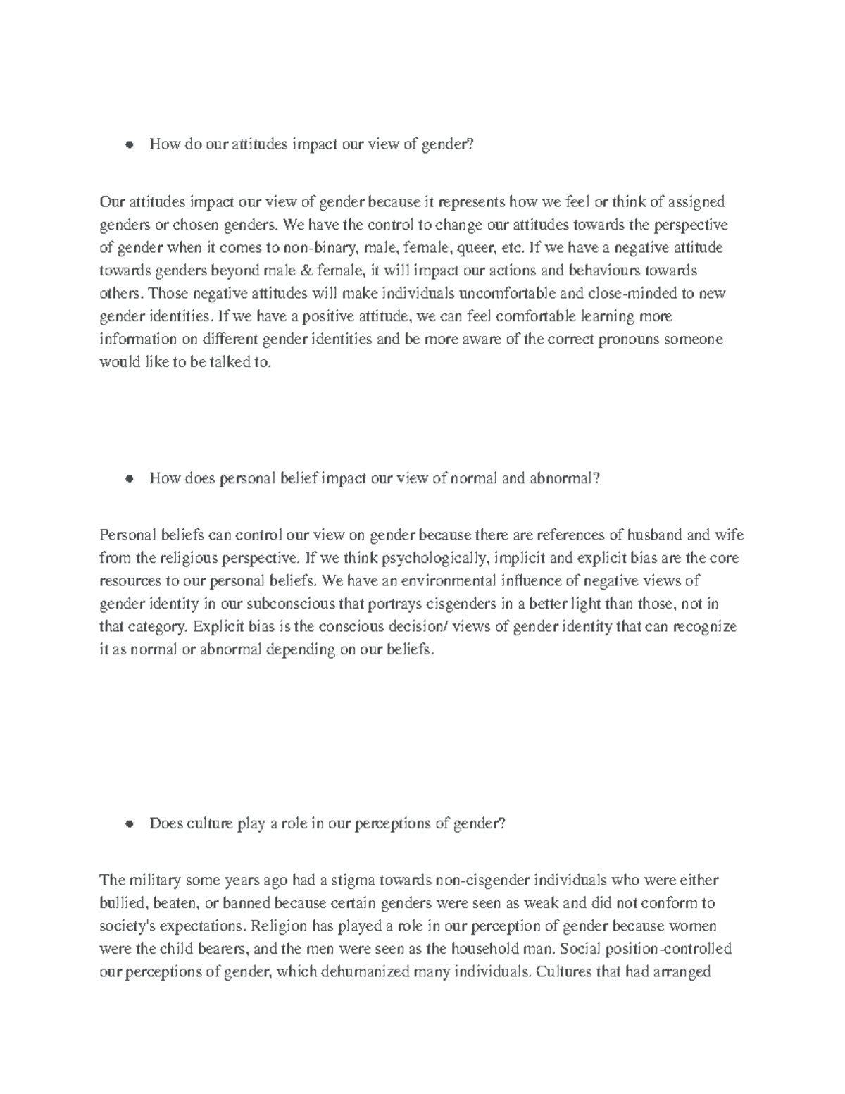 Discussion 4 - Views on gender, gender roles, genderdysphoria - PSY215 ...