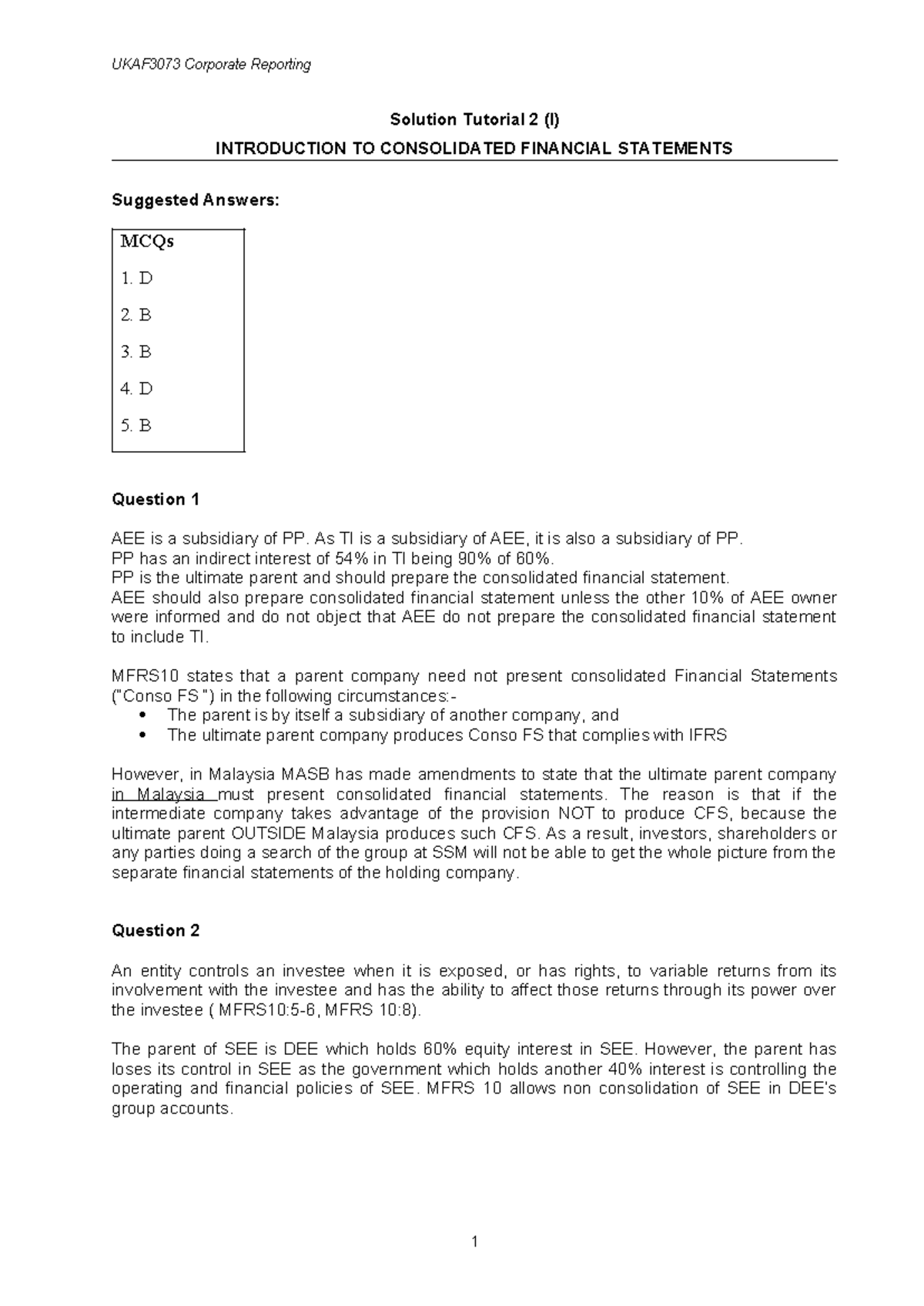 Solution Tutorial 2 I - Solution Intro to Consolidated Financial Statement - UKAF3073 Corporate ...