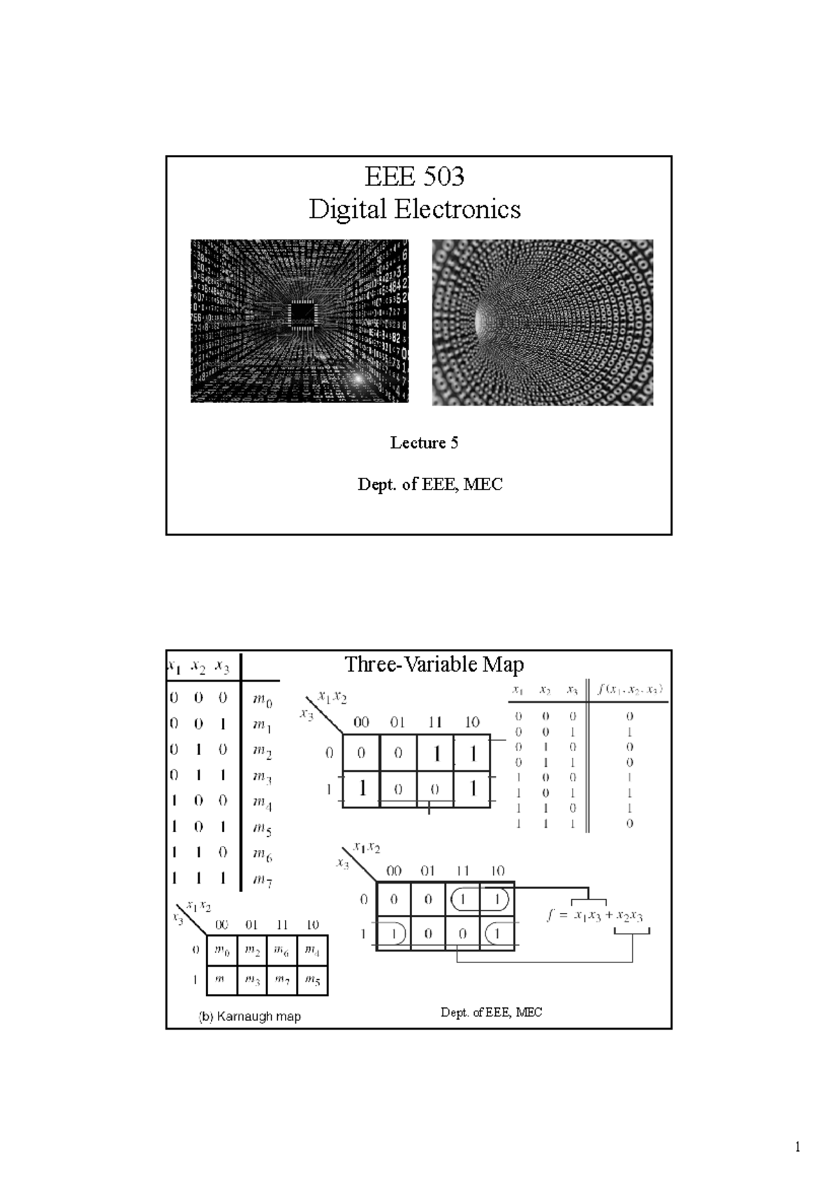 EEE 503 Lecture 5 - 1 EEE 503 Digital Electronics Lecture 5 Dept. of EEE, MEC Three-Variable Map ...