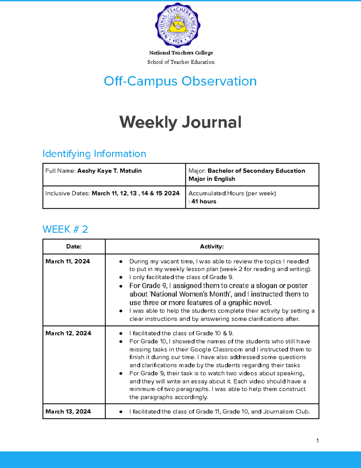 AKMatulin Week 2 Off-Campus Observation Journal - National Teachers ...