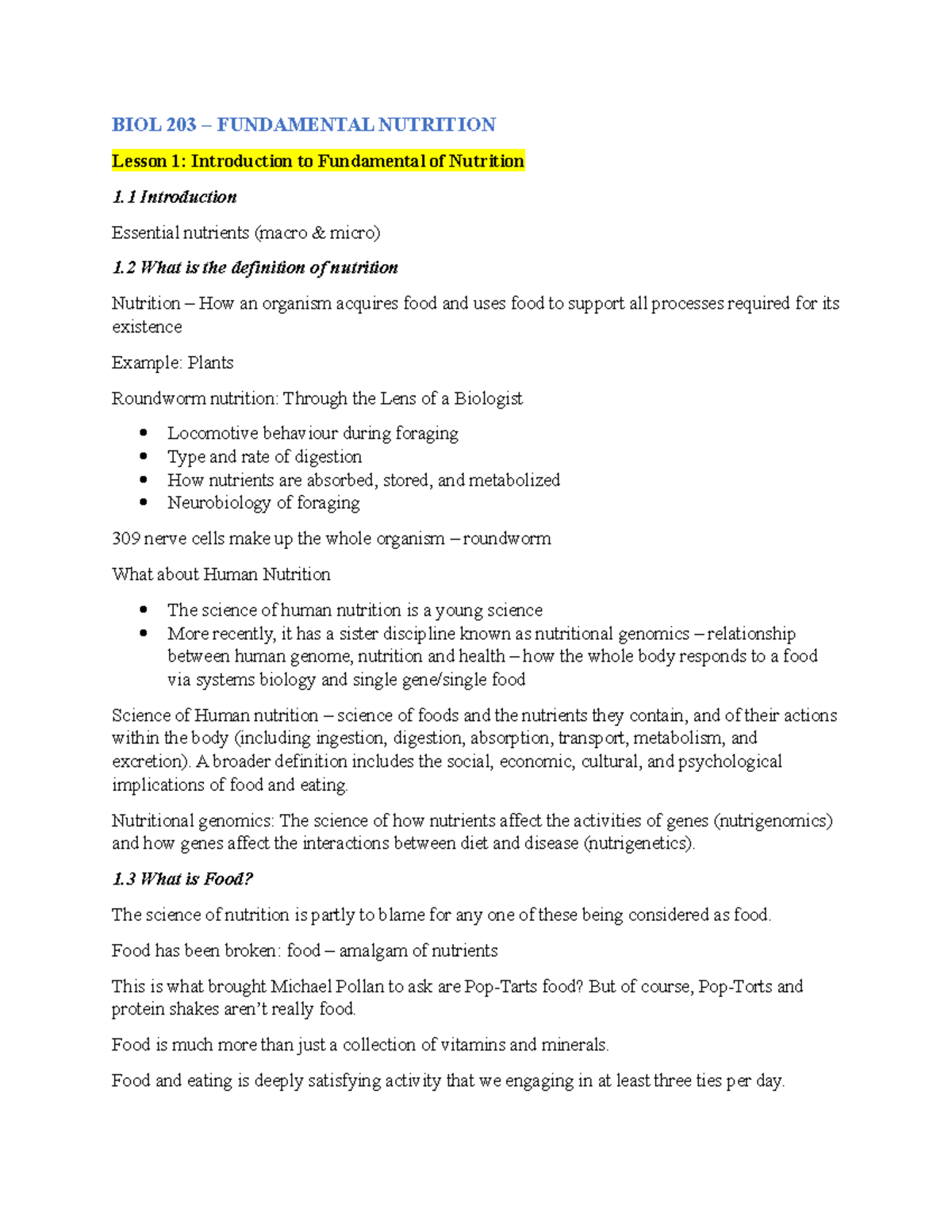 BIOL 203 - Lesson 1 - Lecture notes 1 - Introduction to Fundamental ...