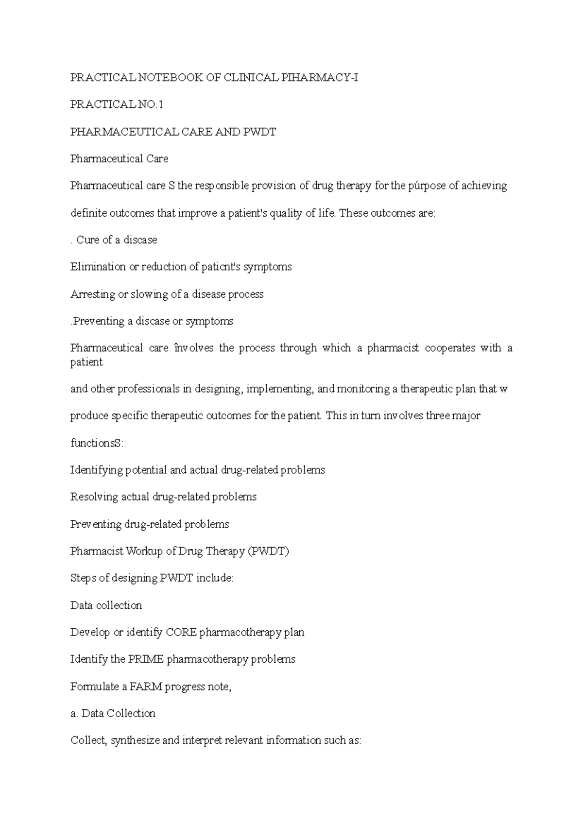 Clinical pharmacy manual 1st assignment - PRACTICAL NOTEBOOK OF ...