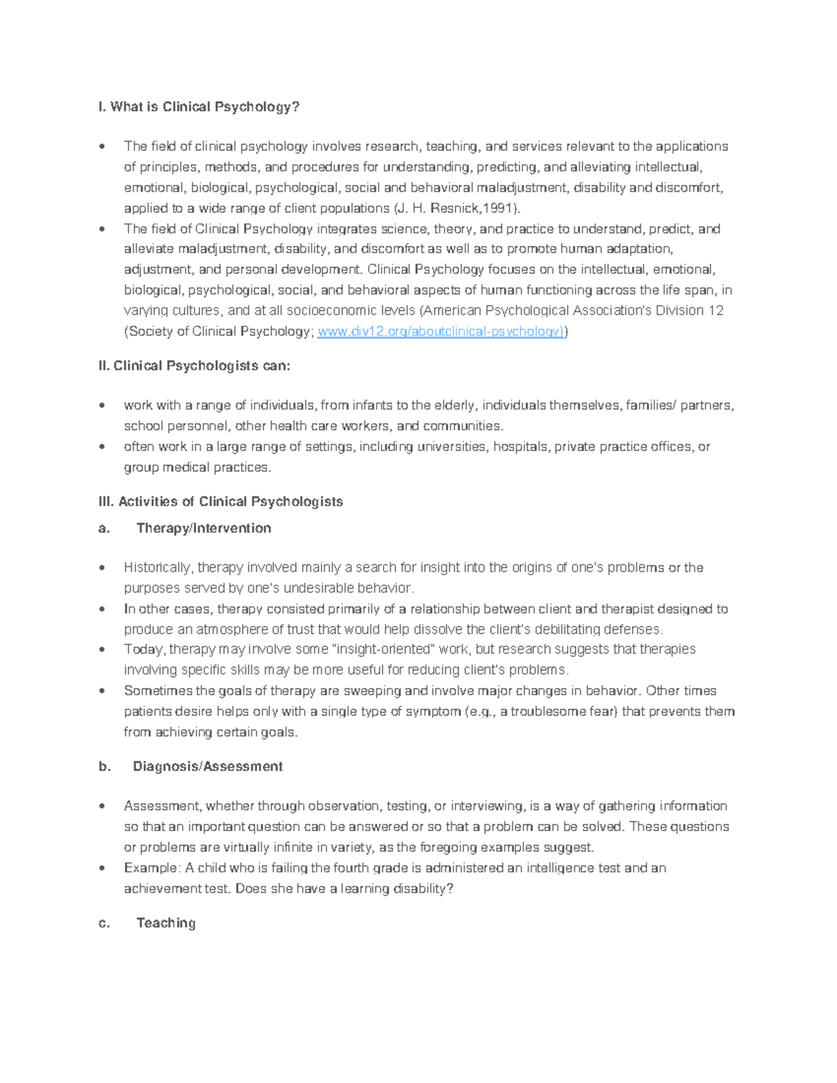 WEEK 1 - Introduction TO Clinical Psychology - I. What is Clinical ...