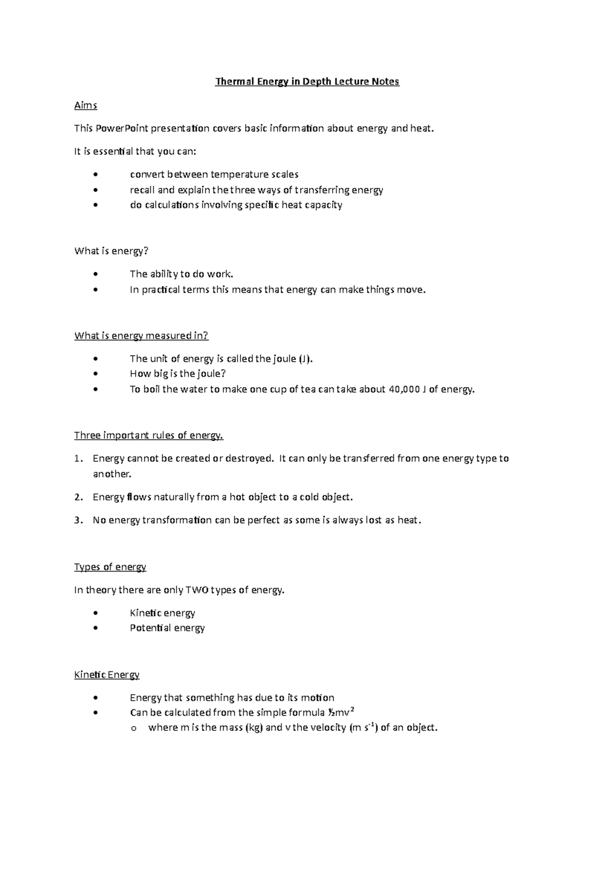 Unit 7 - Thermal Energy in Depth Lecture Notes - Thermal Energy in ...