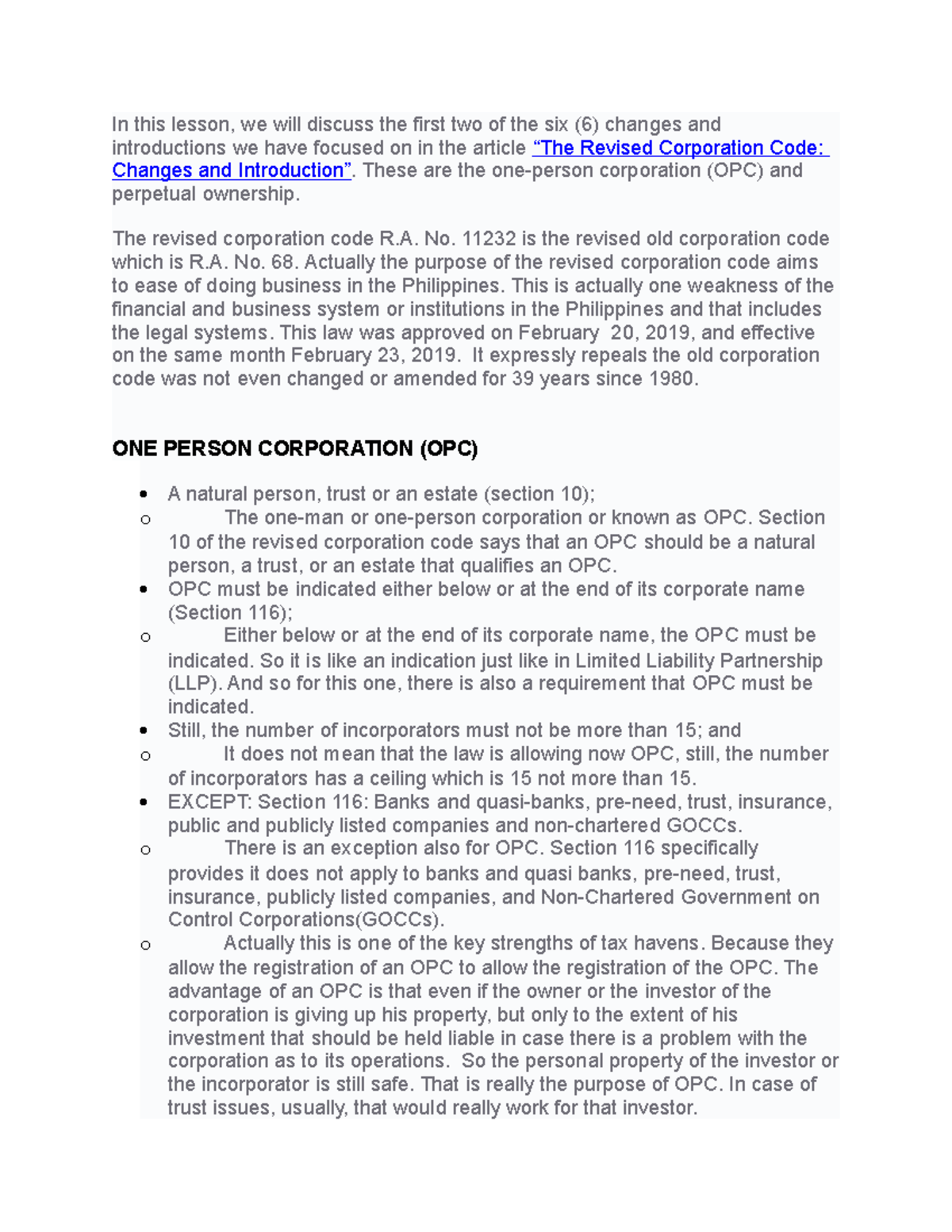 ONE Person Corporation (OPC) - In this lesson, we will discuss the ...
