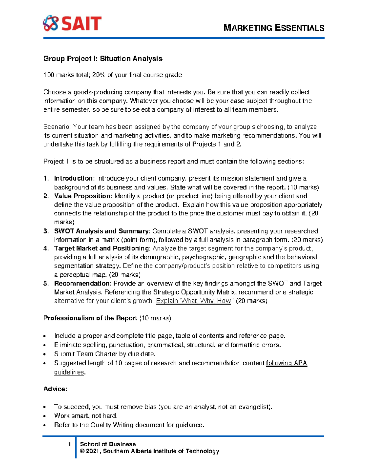Group Project 1 - Situation Analysis Description - MKTG 260 - SAIT ...