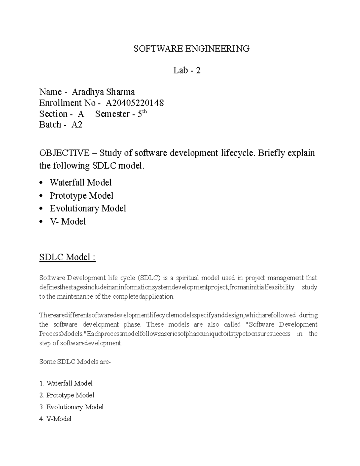 Aradhya Software LAB 2 Waterfall - SOFTWARE ENGINEERING Lab - 2 Name - Aradhya Sharma Enrollment ...