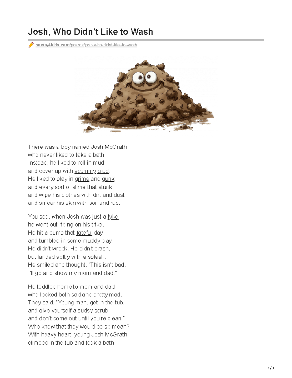 Poetry 4kids.com-Josh Who Didnt Like to Wash - 1/ Josh, Who Didn’t Like ...