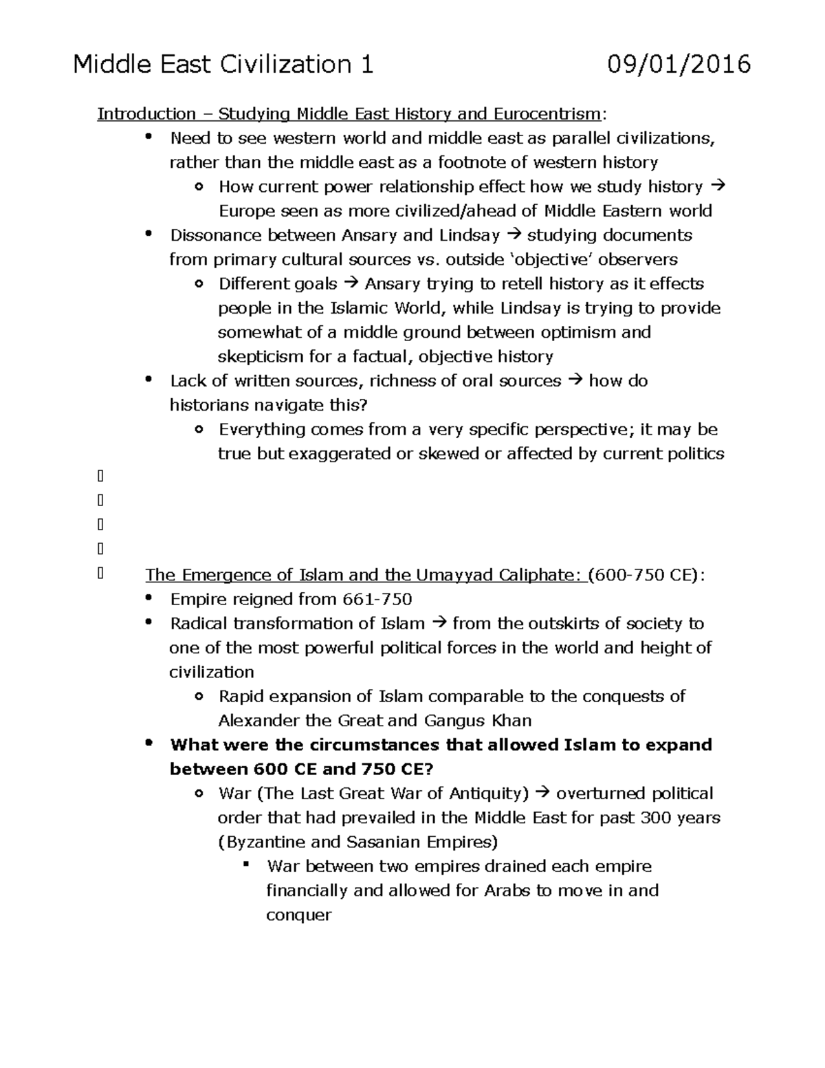 Middle East 1 - Lecture notes all - Middle East Civilization 1 ...