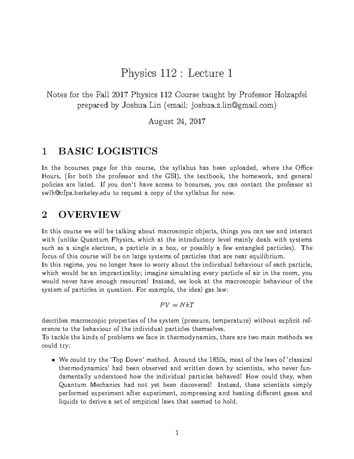 Phys112-Lecture 1 - Physics 112 : Lecture 1 Notes for the Fall 2017 ...