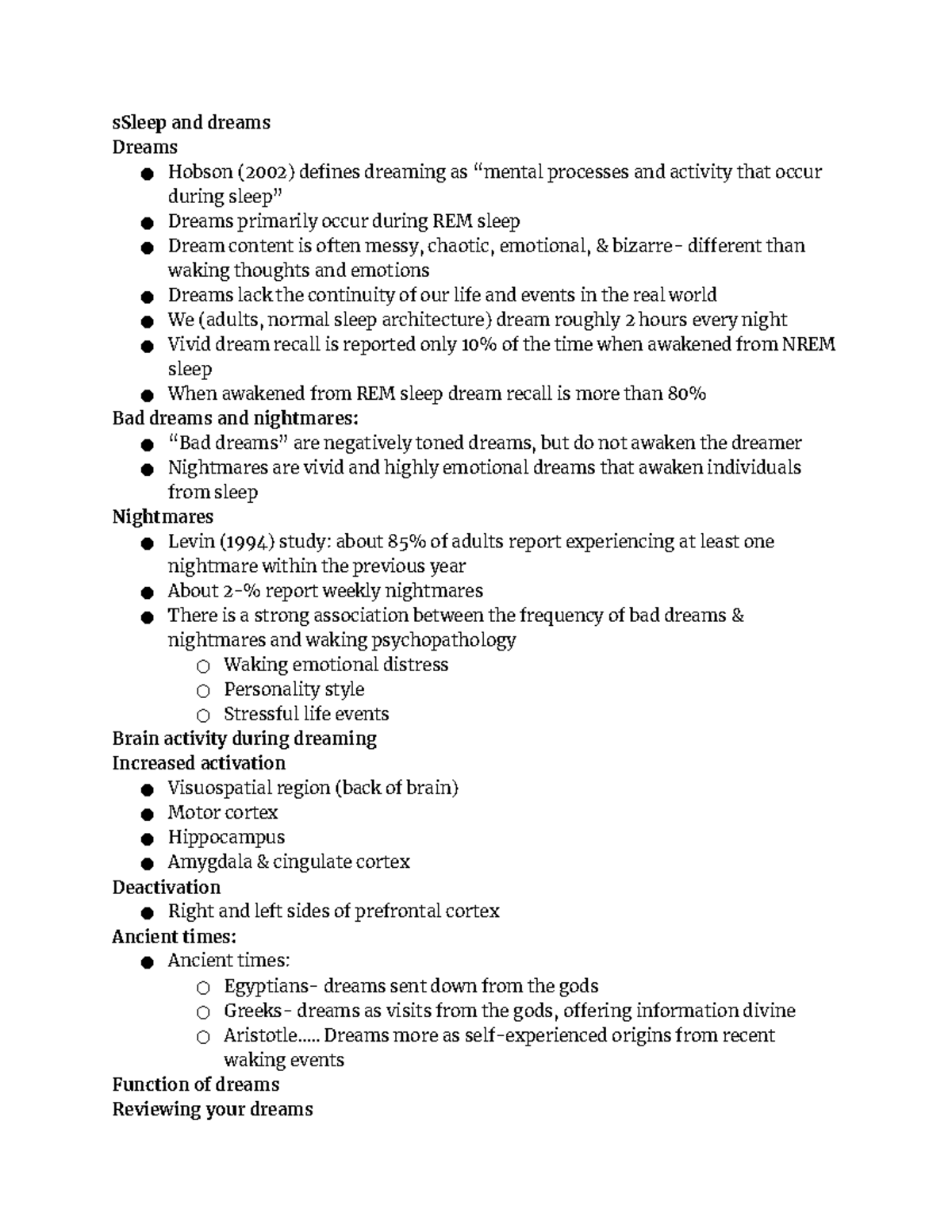 Week 7 lectures - sSleep and dreams Dreams Hobson (2002) defines ...