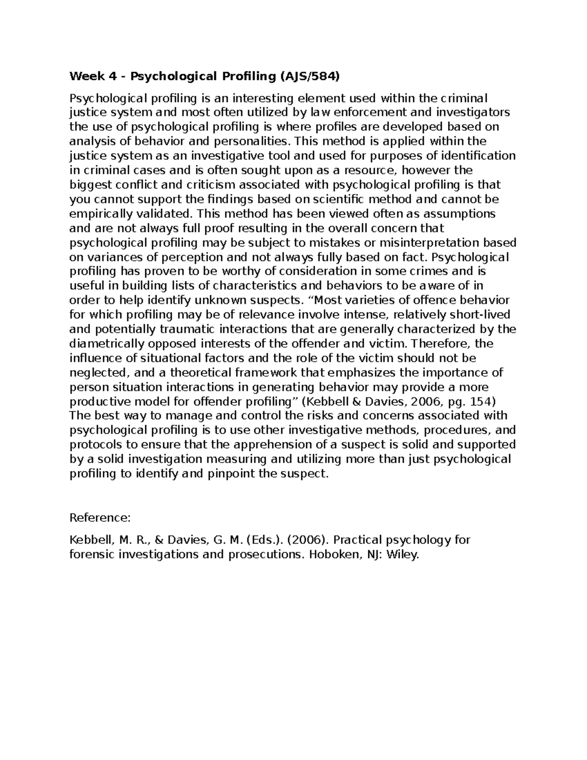 Week 4 Psychological Profiling (AJS-584) - Week 4 - Psychological ...