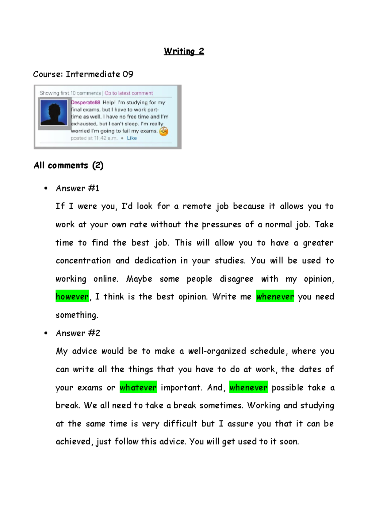 Writing 2 - avanzado 6 - Writing 2 Course: Intermediate 09 All comments ...