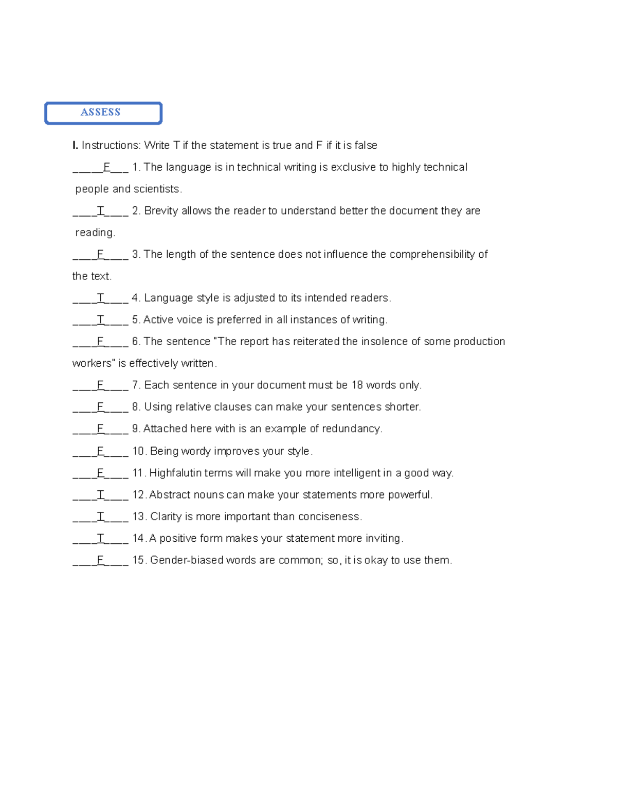 T OR F - True or false quiz - I. Instructions: Write T if the statement ...