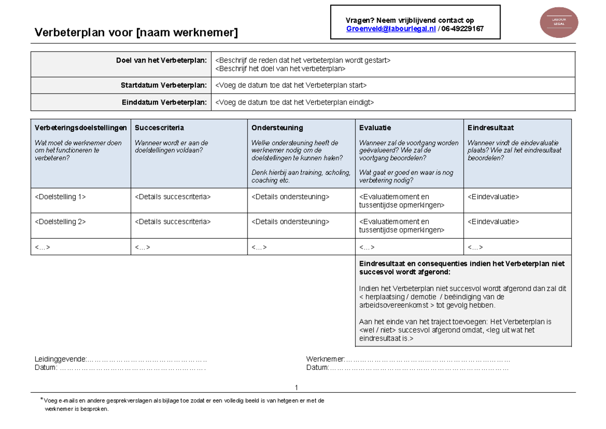 Verbeterplan Voorbeeld - Labour Legal - Vragen? Neem vrijblijvend ...