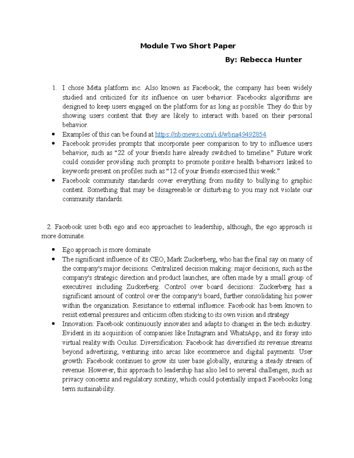 Mod 2 - Module Two Short Paper By: Rebecca Hunter I chose Meta platform inc. Also known as ...