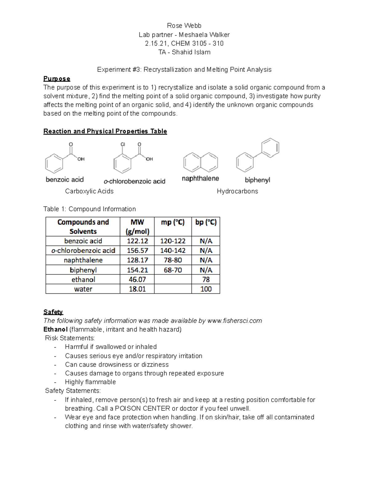 OChem 3105 Lab Report #3-4 - Rose Webb Lab partner - Meshaela Walker 2. ...