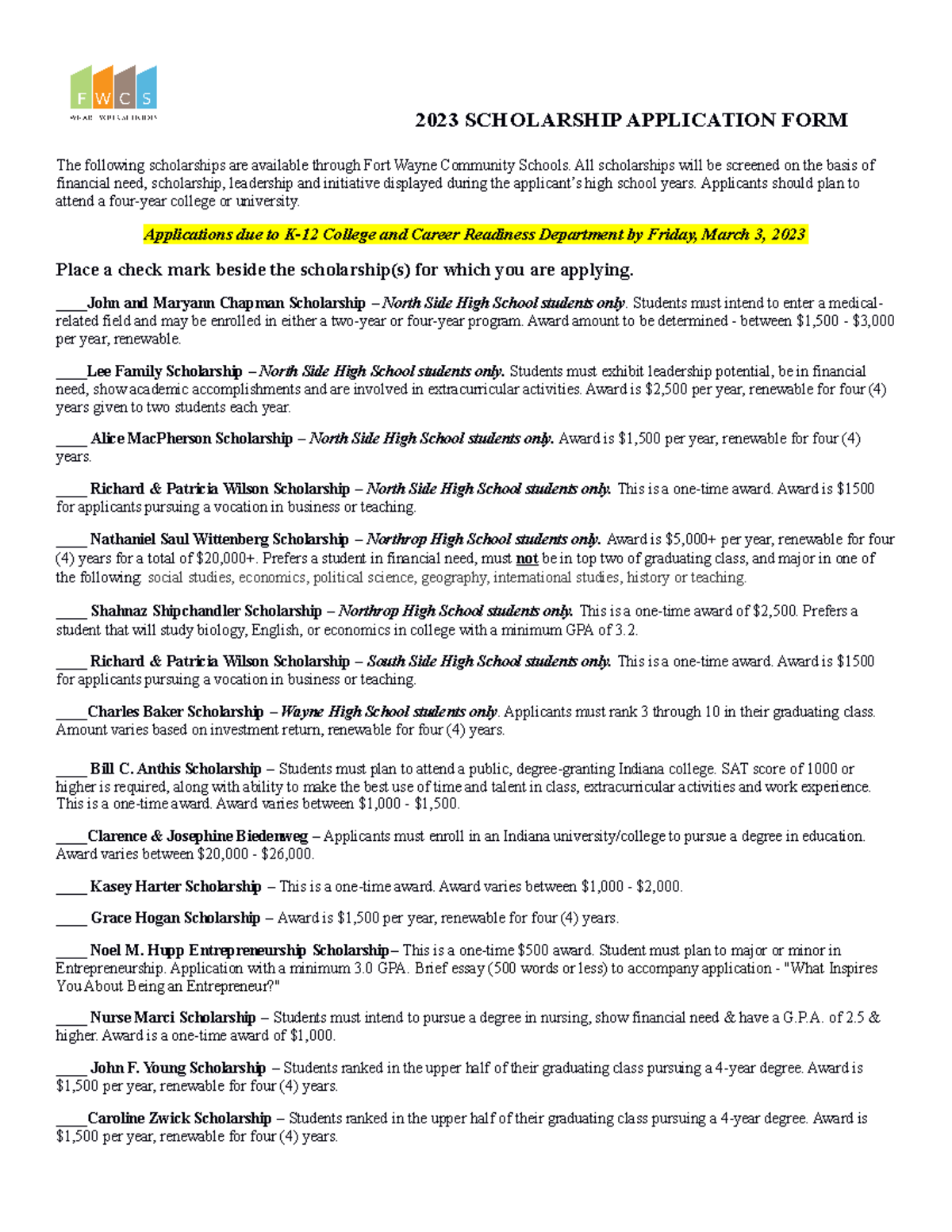 Scholarship Application Form 2023 Updated 01 27 23 - 2023 SCHOLARSHIP ...