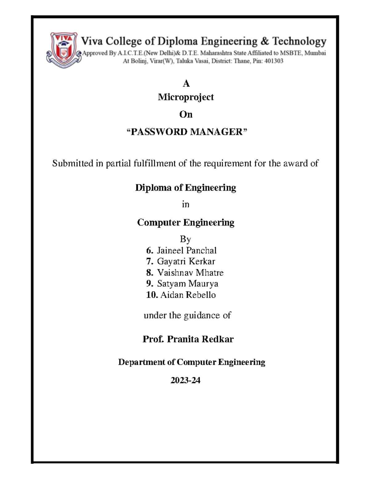 MAD - Micro Project - A Microproject On “PASSWORD MANAGER” Submitted in partial fulfillment of ...