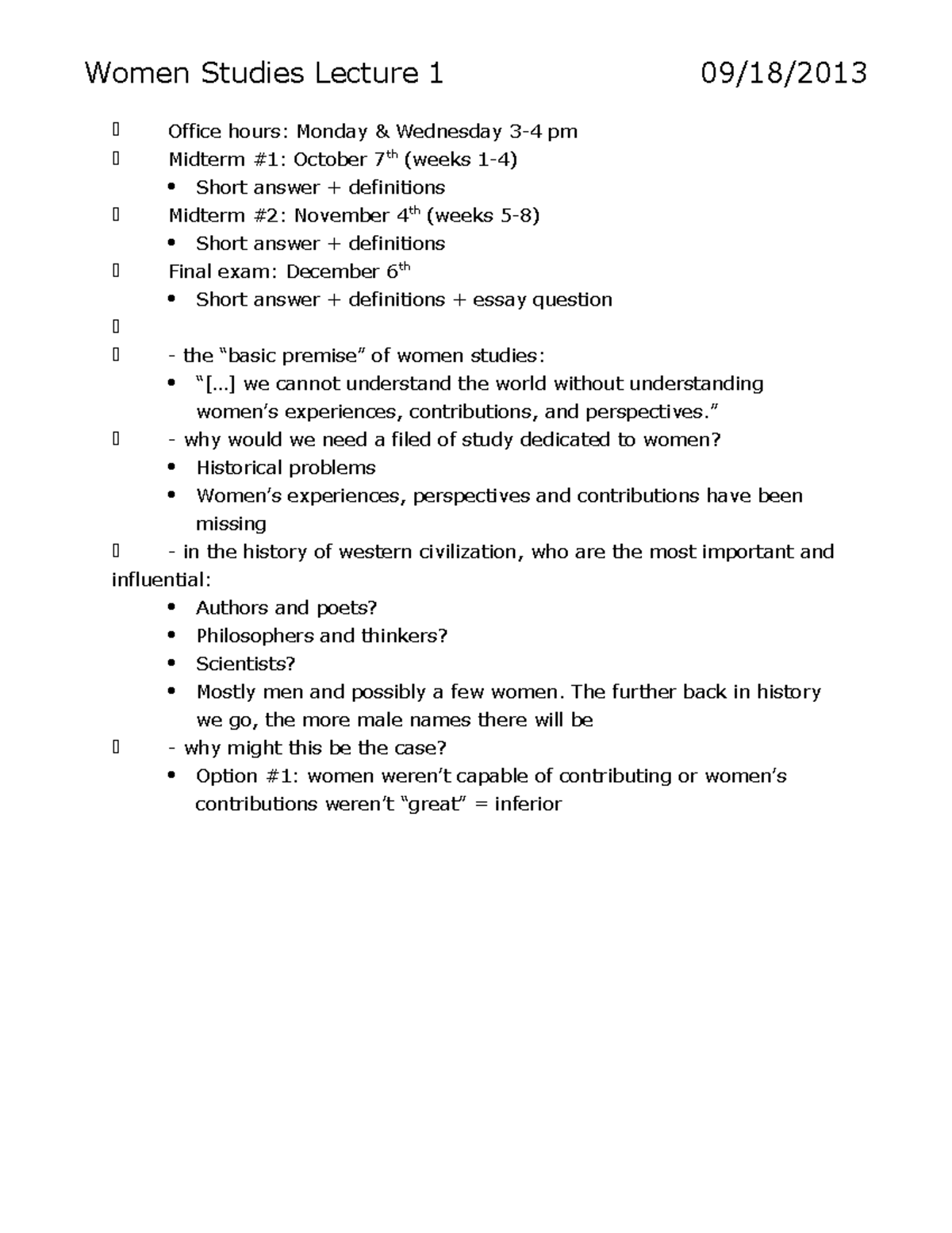 Lecture notes, lectures 1-10, 12-20 - introduction to women's studies ...