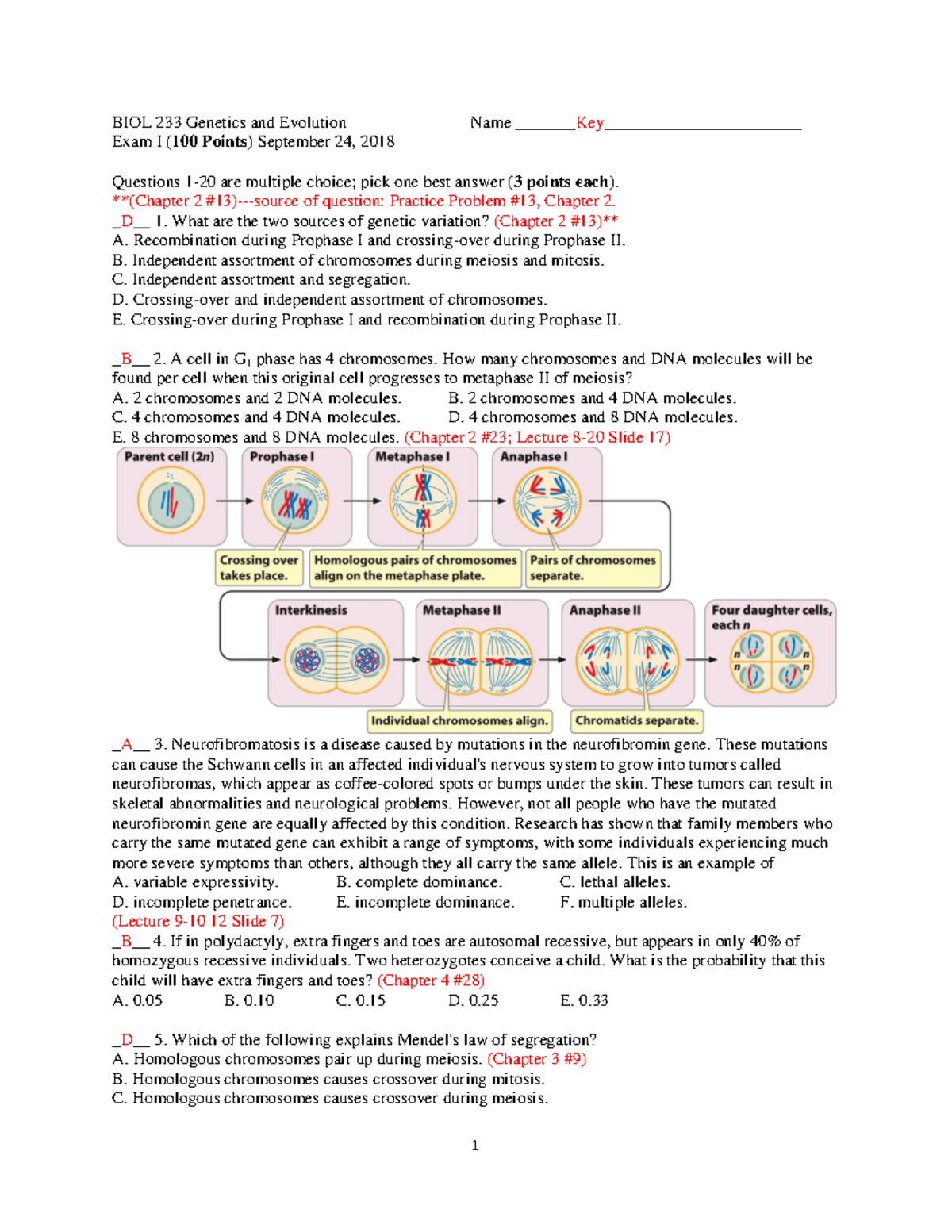 Exam I 2018 F Key - Exam I 2018 F Key - BIOL 233 Genetics and Evolution ...
