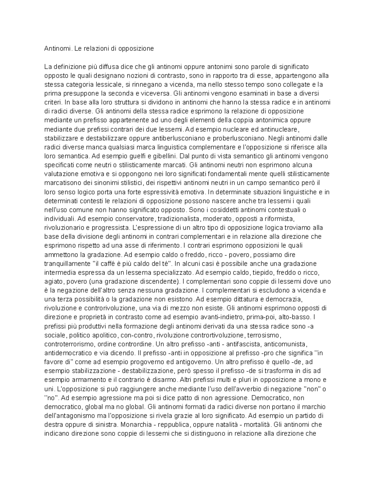 Stilistica. Antinomi. Le relazioni di opposizione. - Antinomi. Le ...