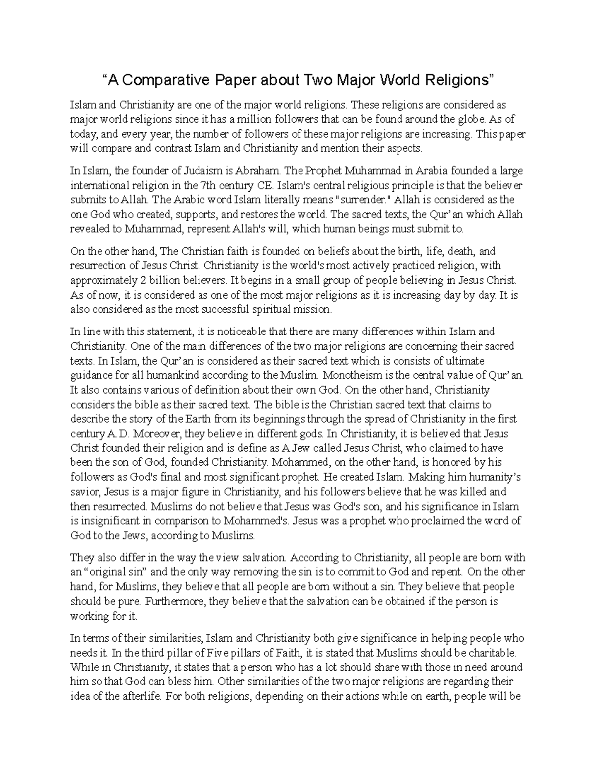 A Comparative Paper about Two Major World Religions - “A Comparative ...