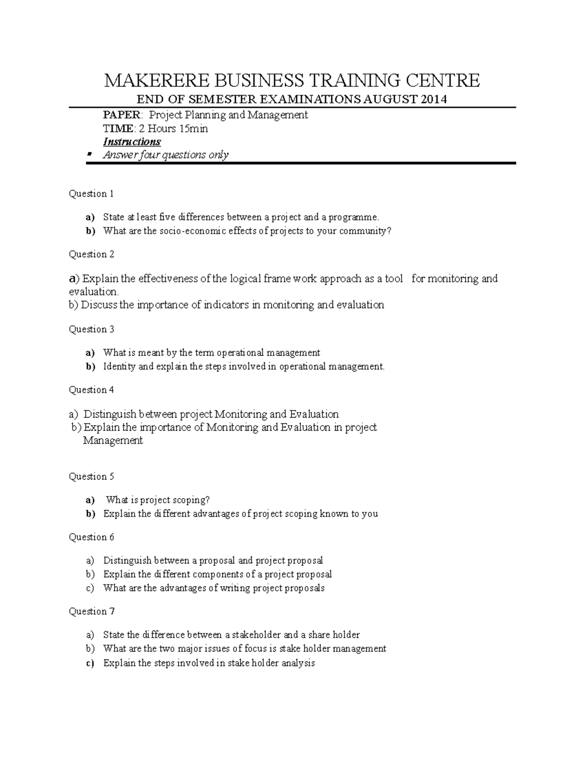 Project planning - Read through these examination papers for the ...