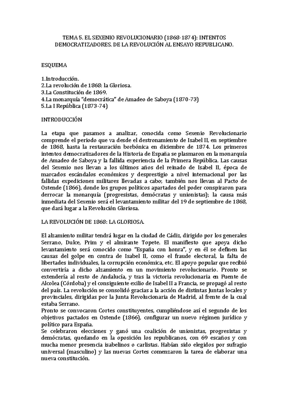 5-TEMA 5- Gloriosa - TEMA 5. EL SEXENIO REVOLUCIONARIO (1868-1874): INTENTOS DEMOCRATIZADORES ...